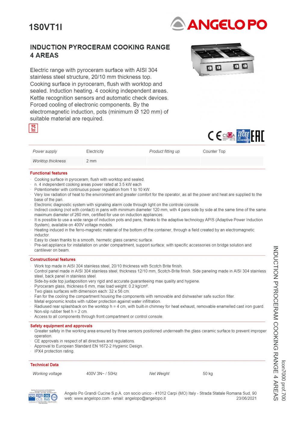 Angelo Po Icon7000 1S0VT1I - 4 Burner Ceramic Cook Top | SilverChef