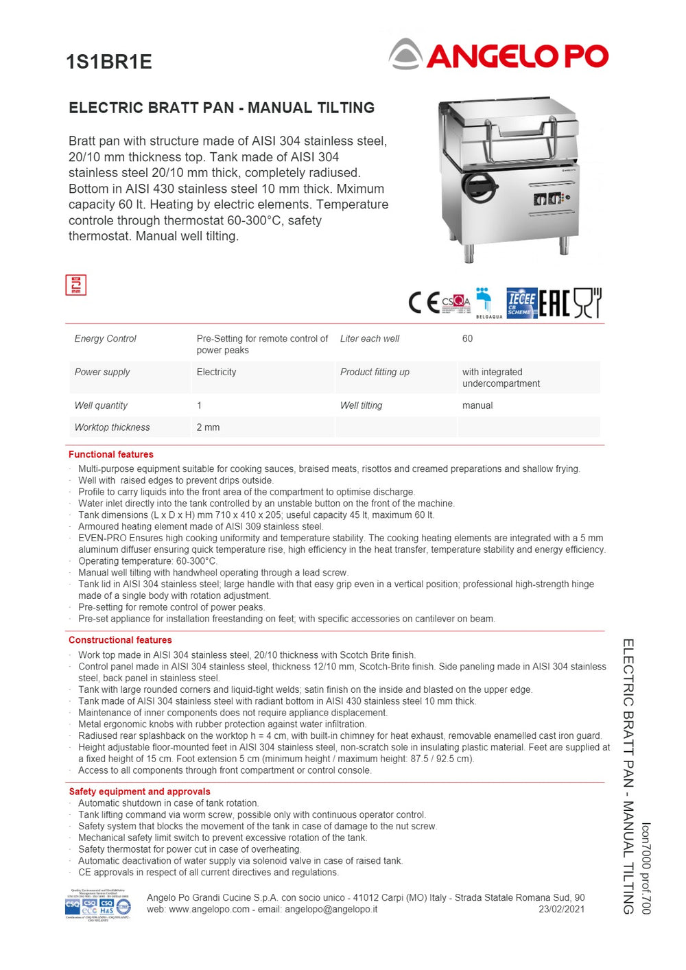 Angelo Po Icon7000 1S1BR1E - Manual Tilting Bratt Pan | SilverChef