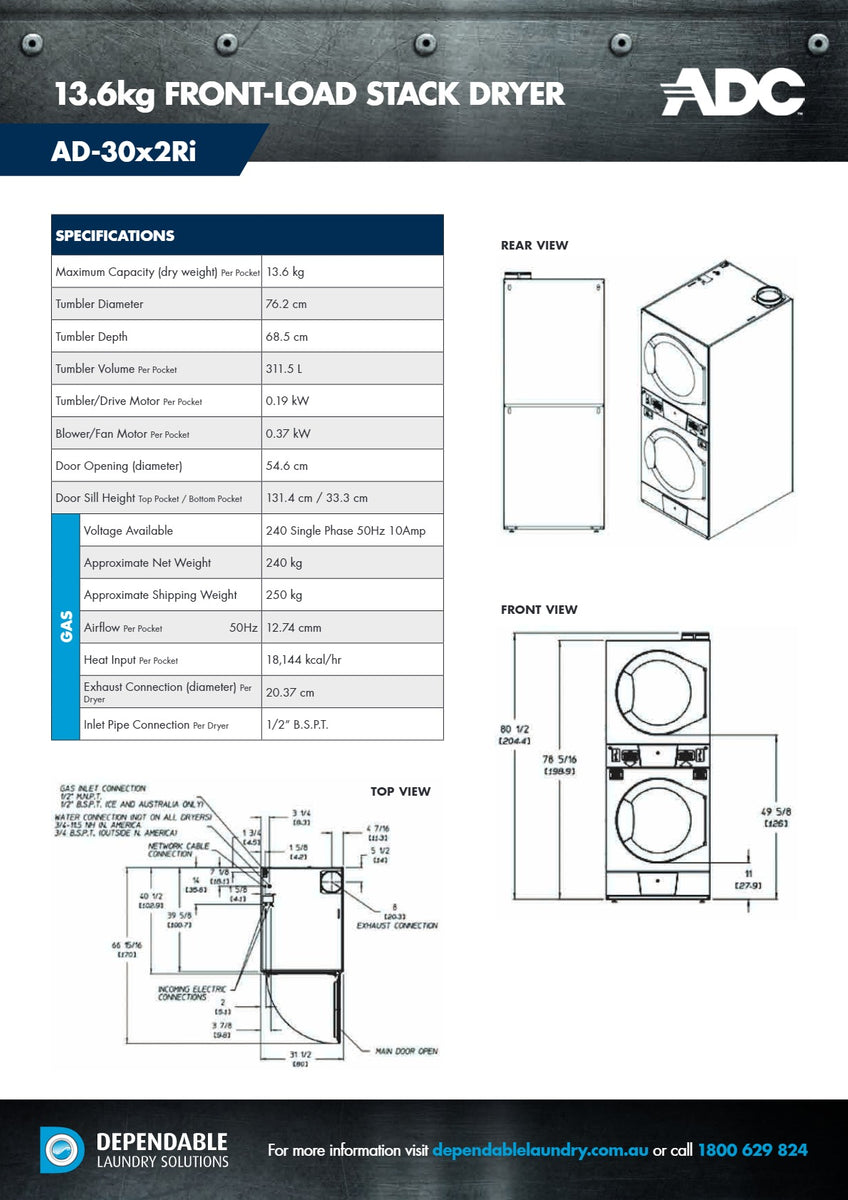 American Dryer Corp ADG30X2Ri-PD - Coin Operated Industrial Stack Drye ...