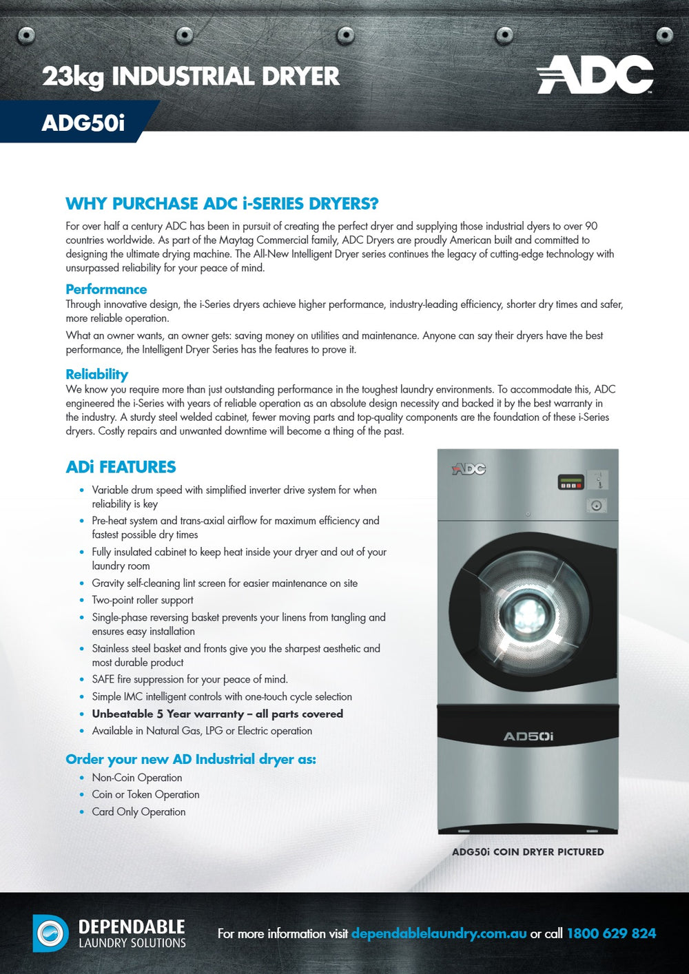 American Dryer Corp ADG50i-PD - Coin Operated Industrial Dryer | SilverChef
