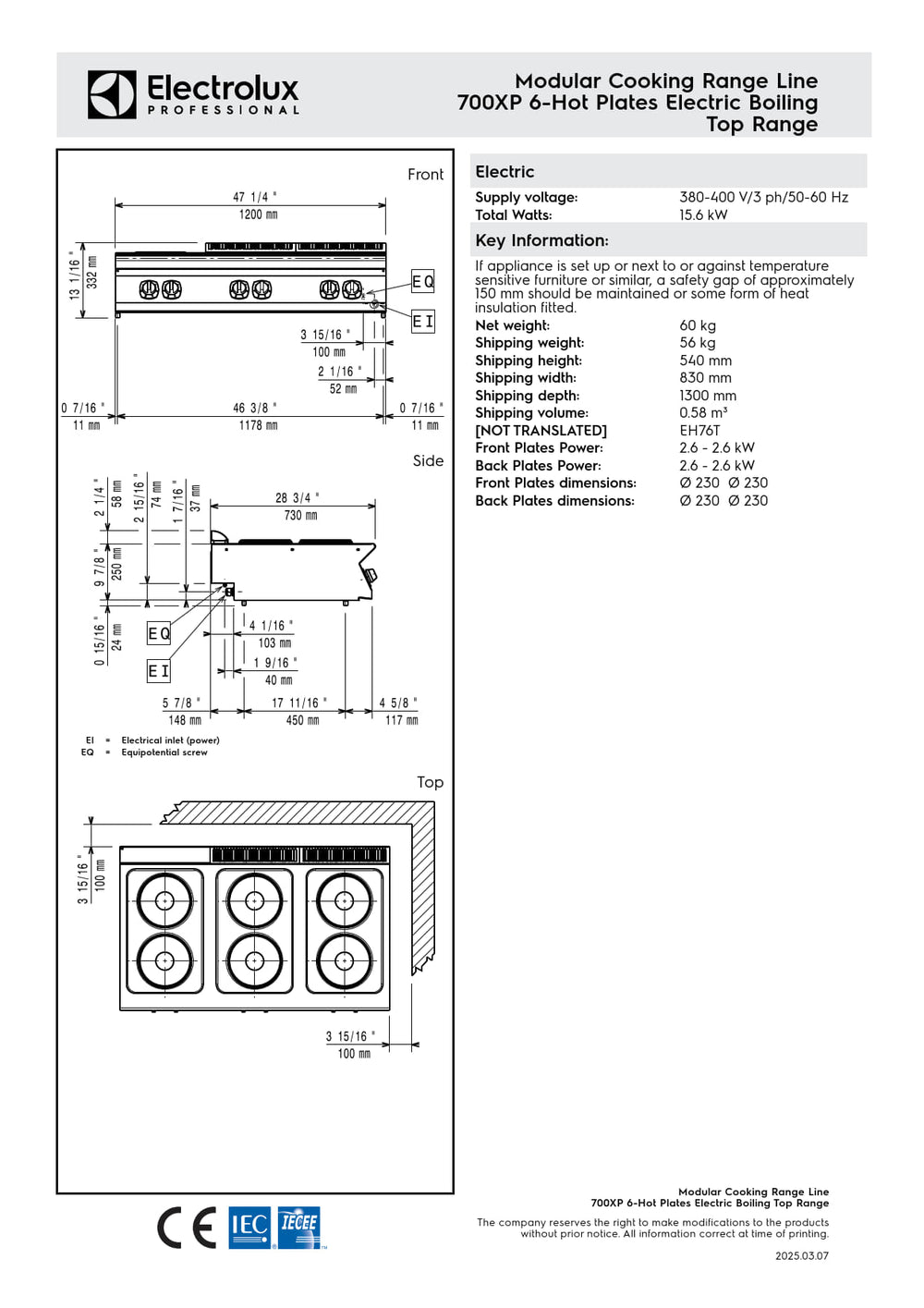 Electrolux Professional 700XP E7ECEL6R00 - Six Hob Electric Cook Top ...