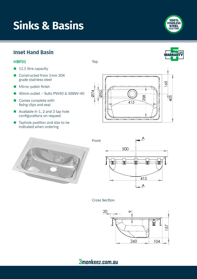 3Monkeez HBF01 - Inset Stainless Steel Hand Basin | SilverChef