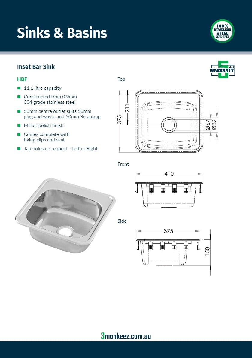 3Monkeez HBF - Inset Stainless Steel Bar Sink | SilverChef