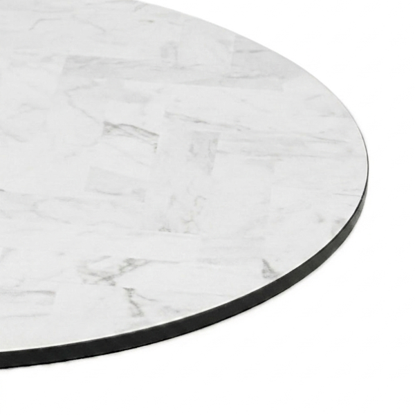 HPL Herringbone Calacatta Compact Laminate Table with White Cavallo Ba ...