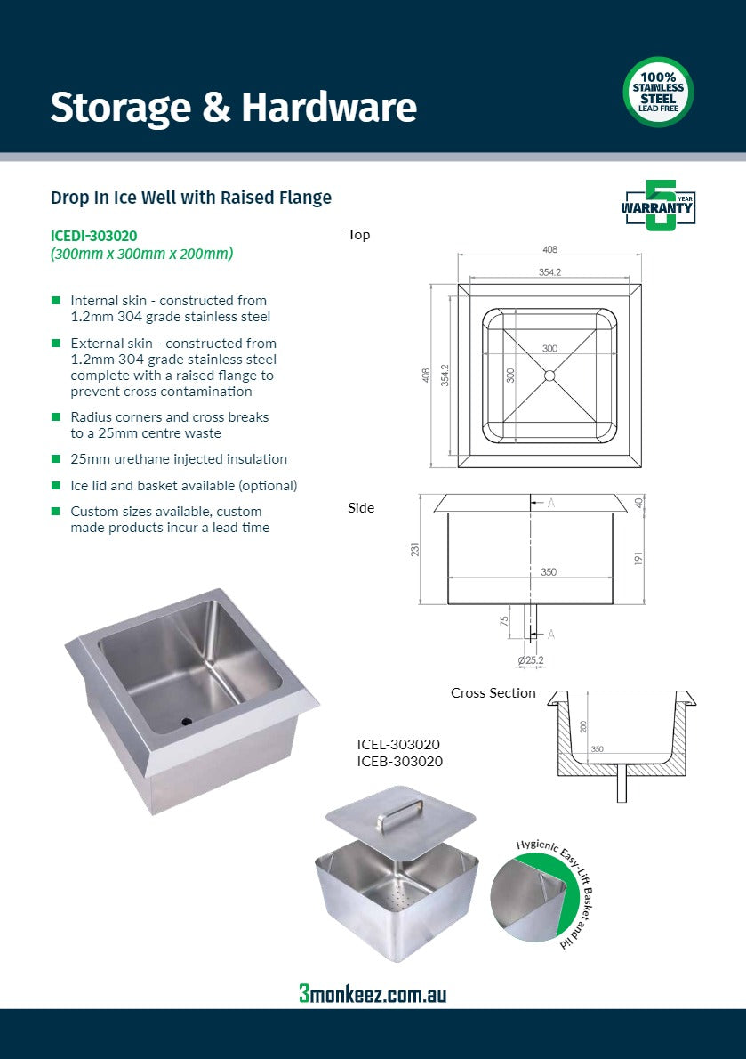 3Monkeez ICEDI-303020 - Drop In Insulated Stainless Steel Ice Well ...