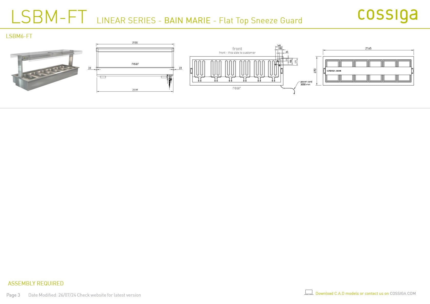 Cossiga Linear Series LSBM6-FT - Bain Marie with Flat Top Sneeze Guard ...