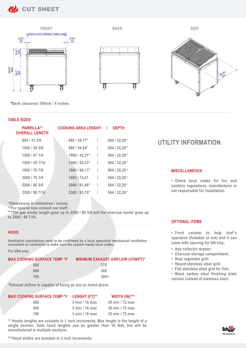 Scheer Proline Parrilla 620 - 1800mm 4 Section Charcoal/Wood Grill ...