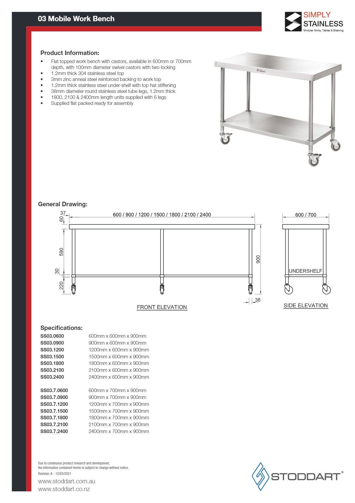 Simply Stainless SS03.1200 - Stainless Steel Mobile Work Bench | SilverChef