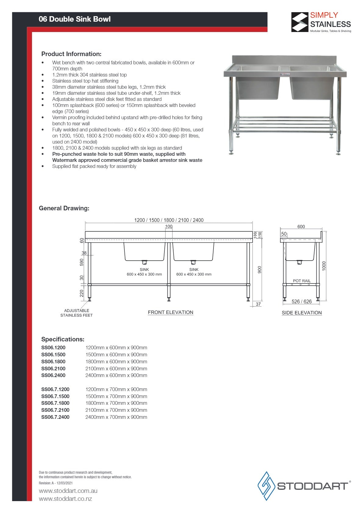 Simply Stainless SS06.7.2400LB - Stainless Steel Double Sink Bench wit ...