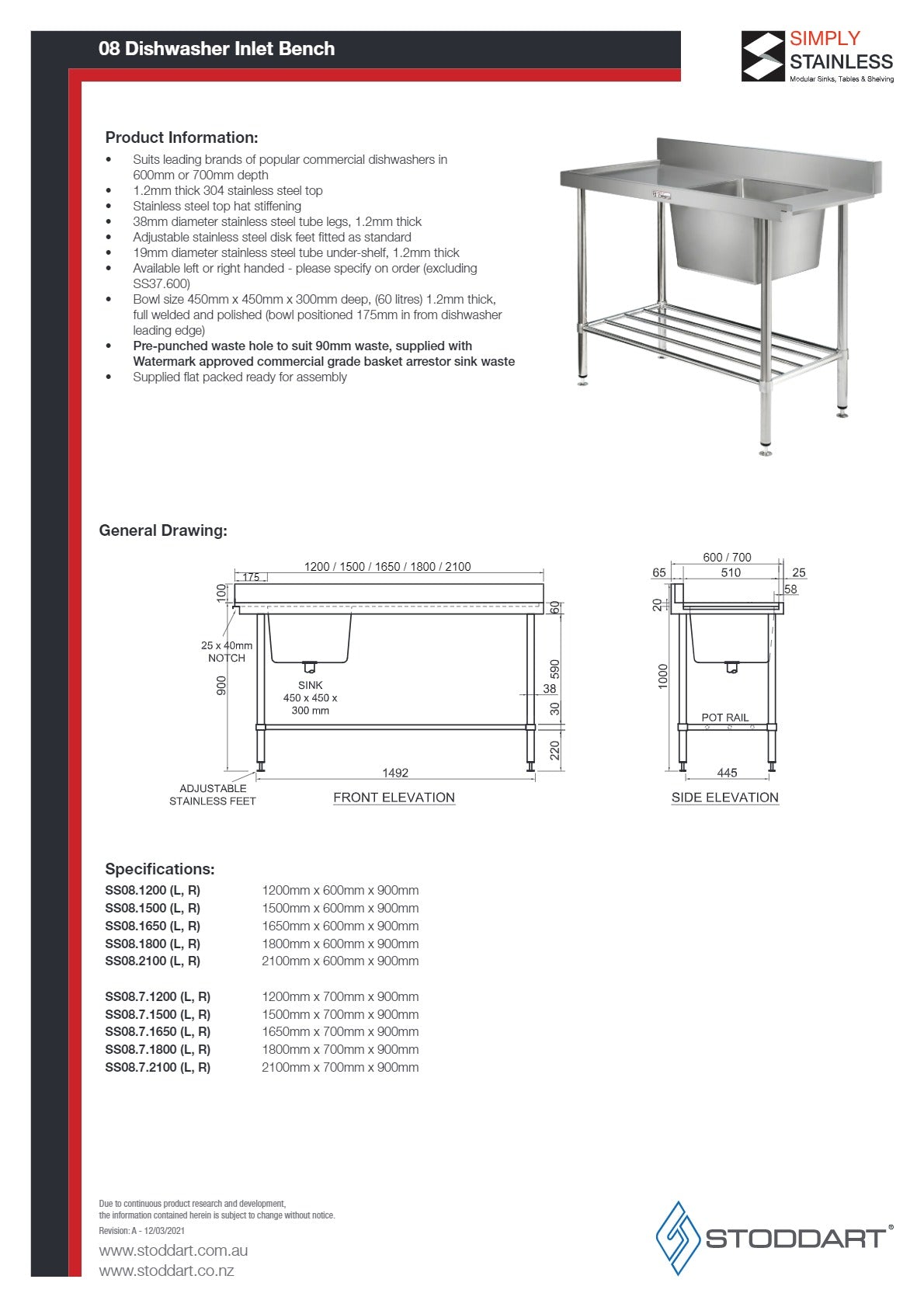 Simply Stainless SS08.1650L - Stainless Steel Dishwasher Inlet Bench ...