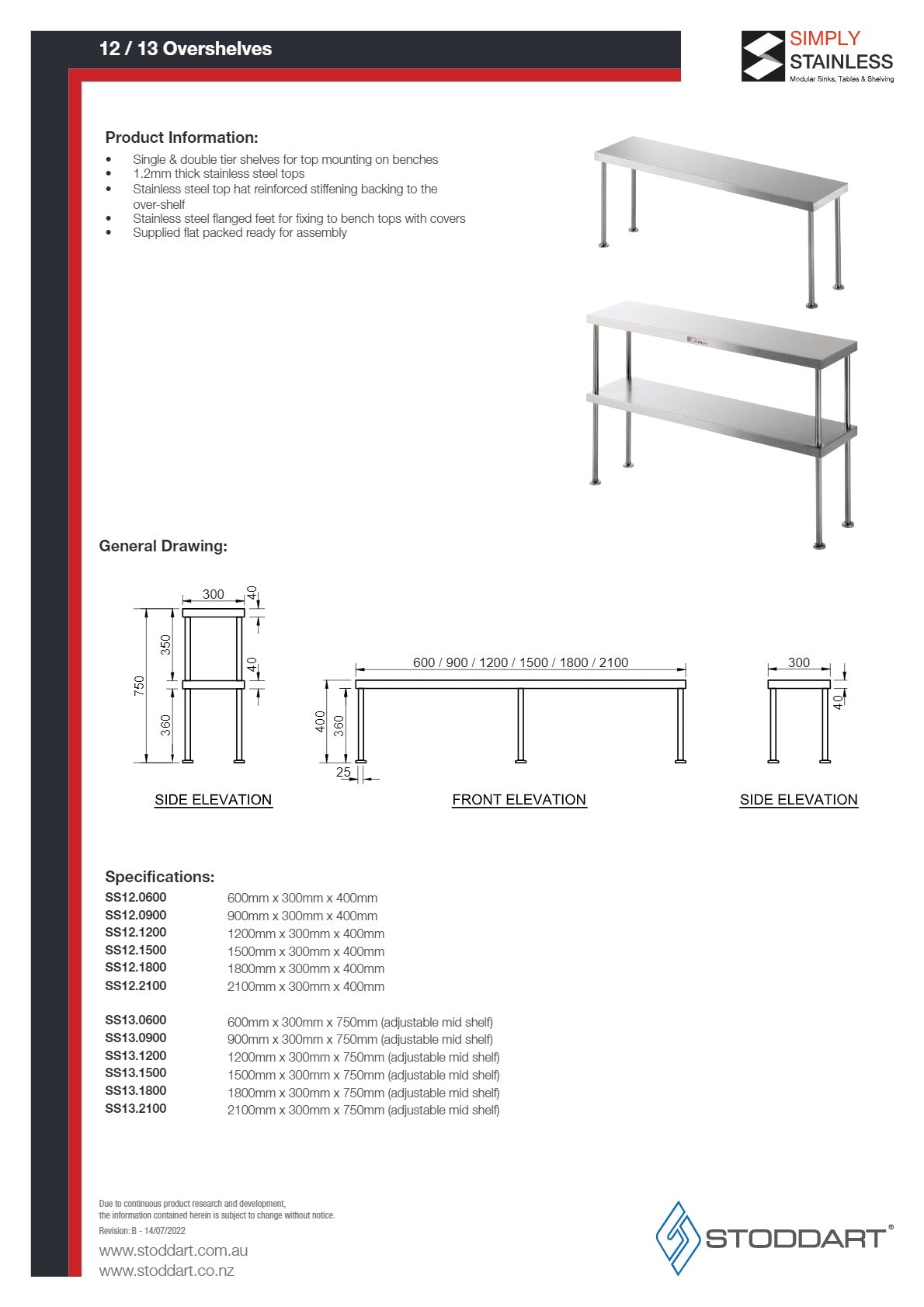 Simply Stainless SS13.2100 - Stainless Steel Double Bench Over Shelf ...