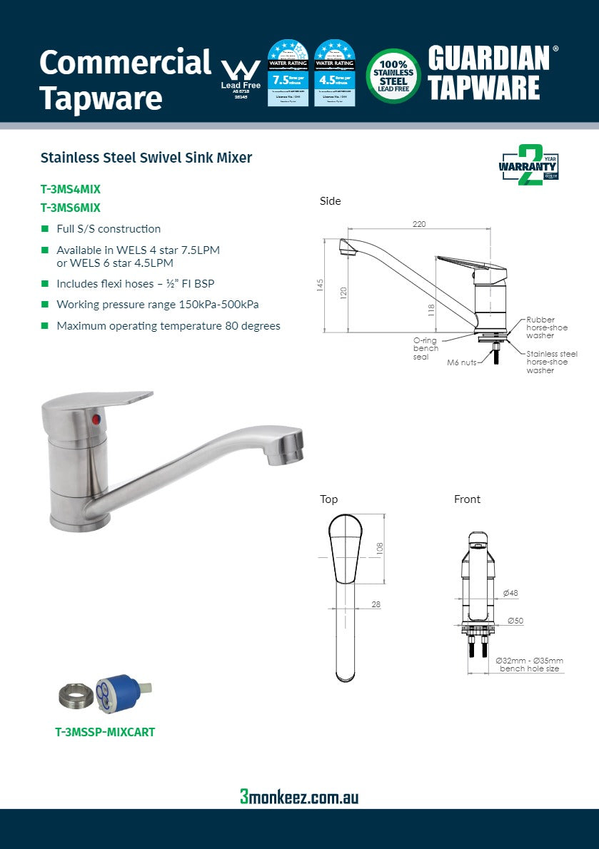 3Monkeez T-3MS6MIX - Stainless Steel Sink Mixer | SilverChef