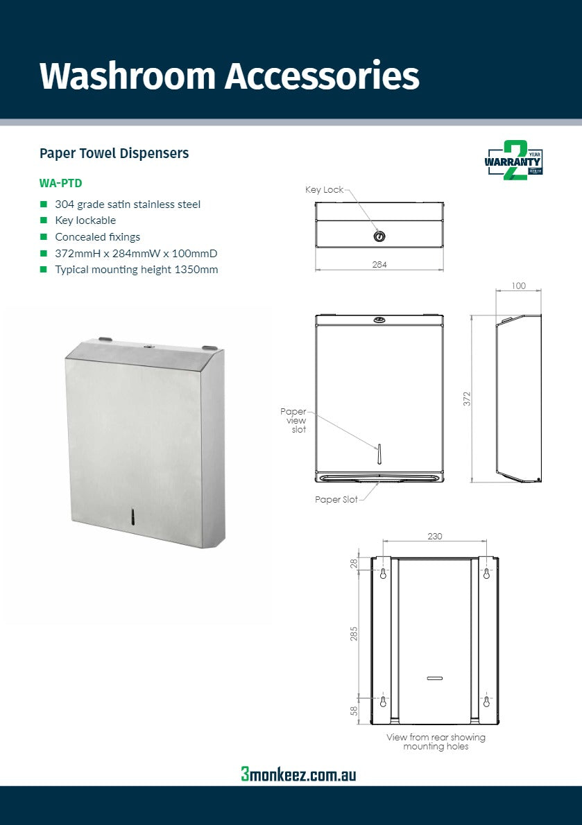 3Monkeez WA-PTD - Slimline Paper Towel Dispenser | SilverChef
